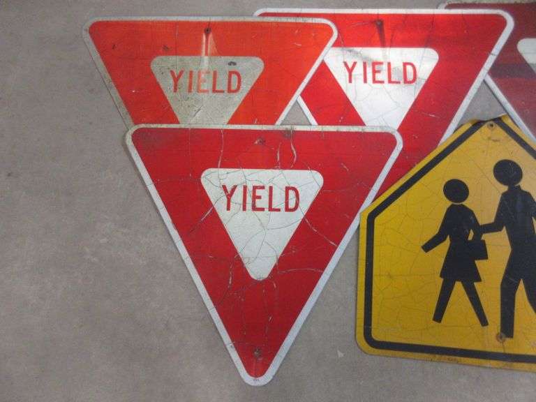 (13) Older road signs: 11- “Yield” signs, 1- “Pedestrian X-ing” sign ...