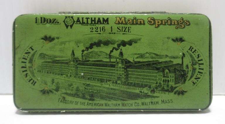 Tin Lithograph Box, Waltham Pocket Watch Main Springs 1888, Green ...
