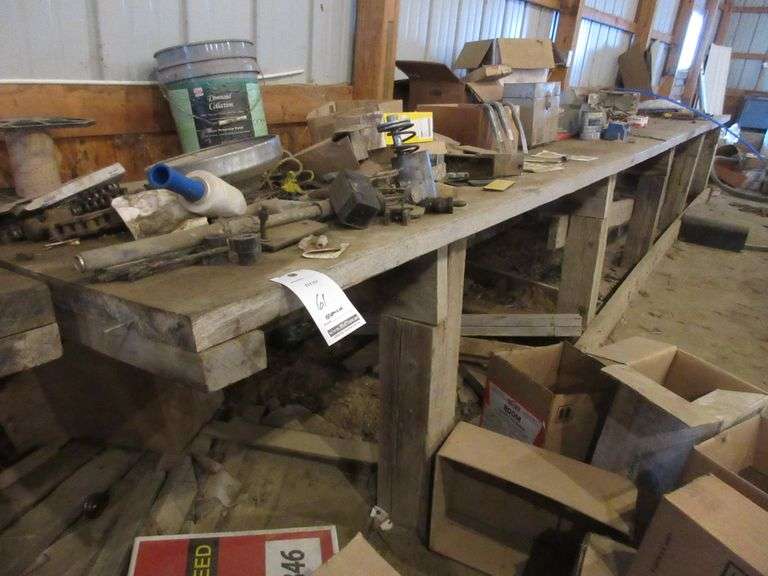Heavy Duty Shop Made Wood Top Work Bench with 2" Top. NOTE: Contents on ...