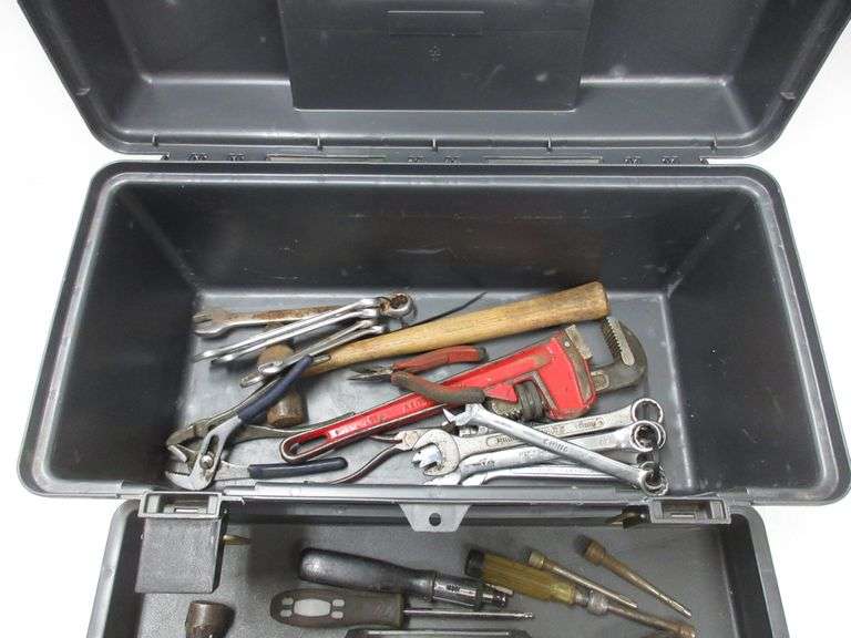 Plastic Plano toolbox with tray and tools, include: (13) Combination ...