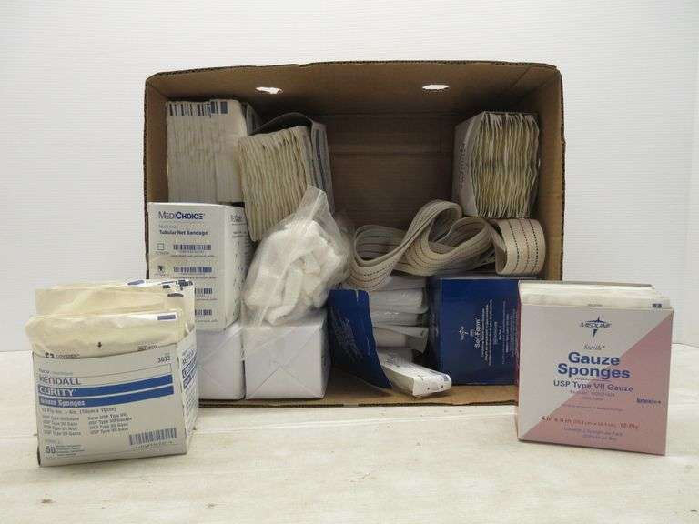 Medical supplies, include: (5) Boxes of gauze pads, Box of tubular net ...