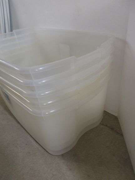 (5) Clear 100 liter/106 quart sterilite storage totes with lids, two ...