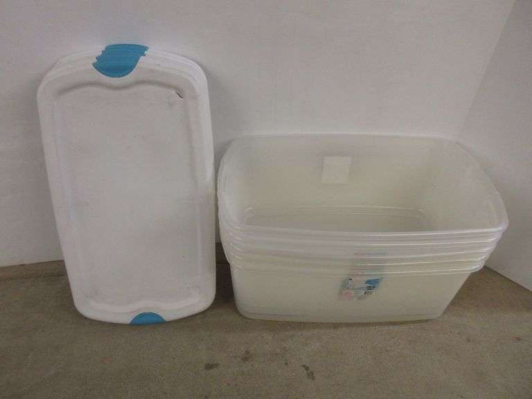 (5) Clear 100 liter/106 quart sterilite storage totes with lids, two ...