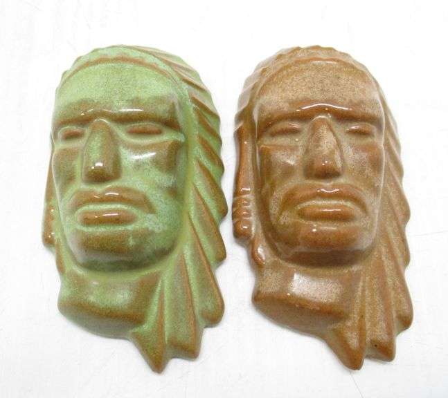 (2) Frankoma Prairie Green and Brown Glazed Native American Indian Head ...
