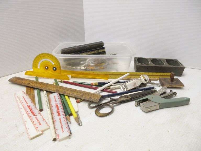 Older drafting and math tools, include: Rulers, pencils, metal boxes ...