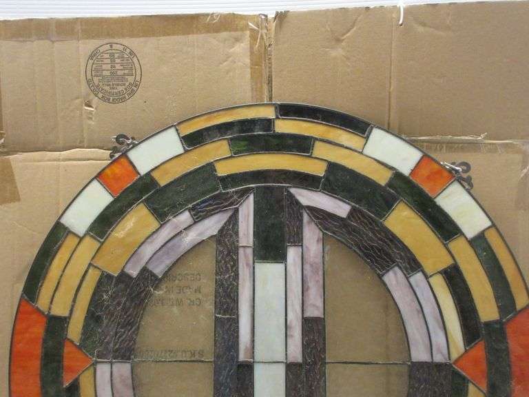 Round leaded glass window panel 24”Dia, orange, black and yellow in ...