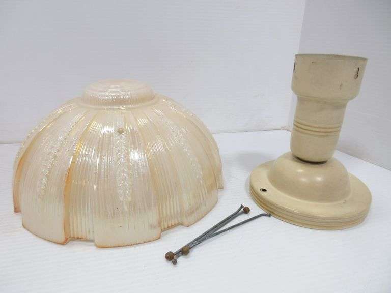 Art deco stepped pearlesque glass three-hole ceiling light fixture ...