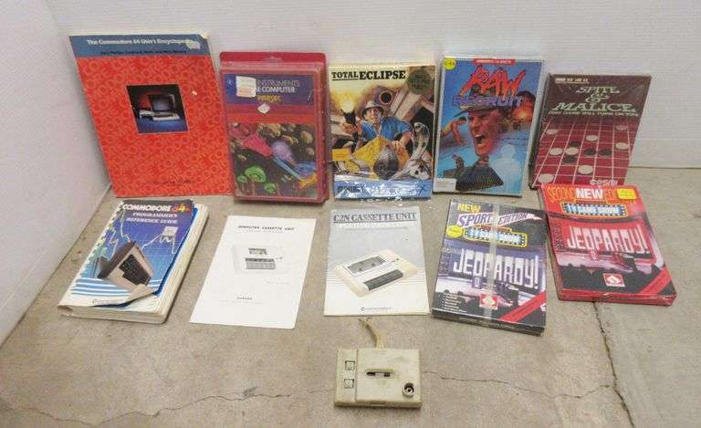 Commodore book with 64 games, NIB; Game Raw, Total Eclipse, Jeopardy, all in boxes, one was ...