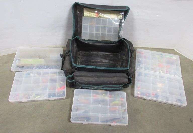 Large fishing tackle tote with (10) divided storage boxes full of ...