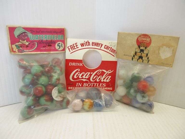 (3) Vintage packs of marbles, include: 1- Watermelon, 1- Coca Cola, 1 ...