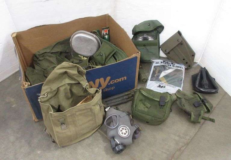 Military gear, includes: small tent, mess kits, flashlight, gas mask ...