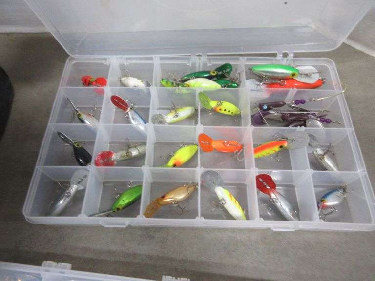 Large fishing tackle tote with (10) divided storage boxes full of ...