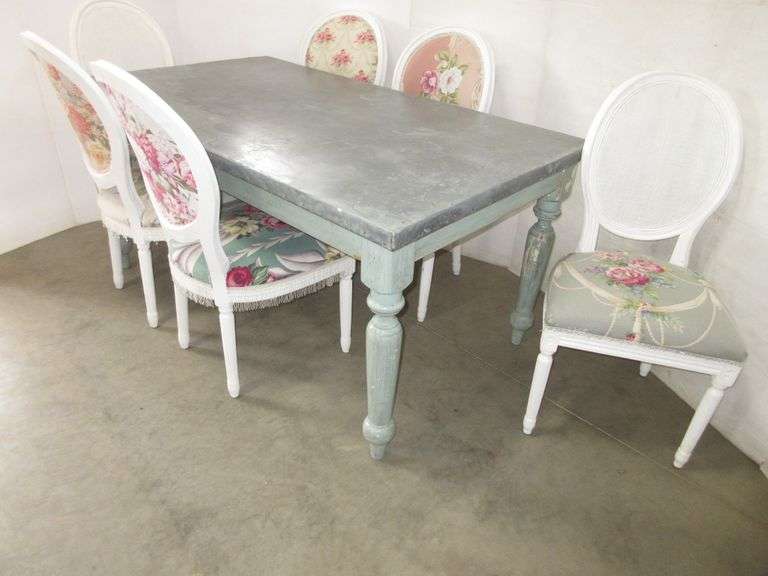 Vintage 1900s heavy duty kitchen table with metal table top and (6 ...