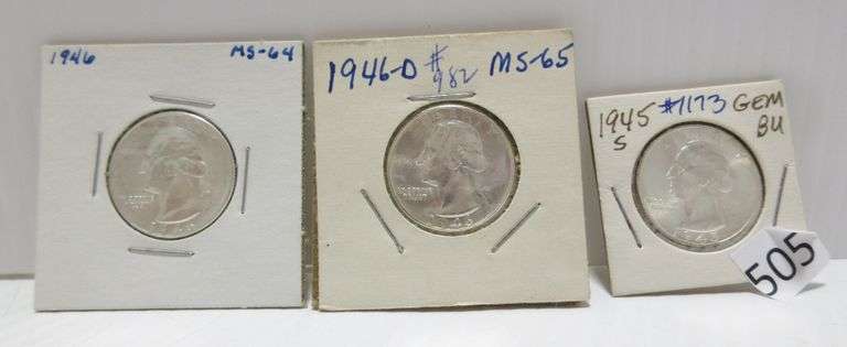 (3) Washing quarters, 1945-S, 1946, and 1946-D - Albrecht Auction Service