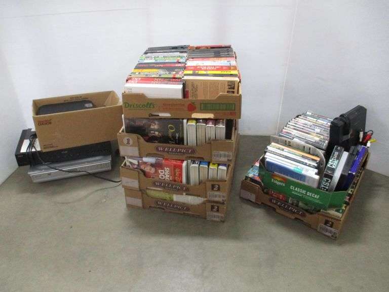 Under-the-counter DVD player, works; JBL speaker; (132) VHS tapes; (35 ...