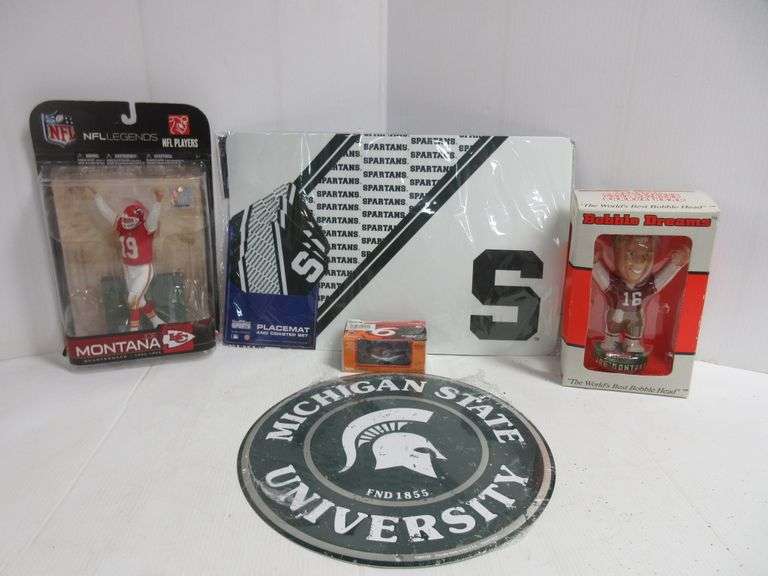 Sports Memorabilia: Joe Montana bobblehead, and figurine; MSU sign and ...