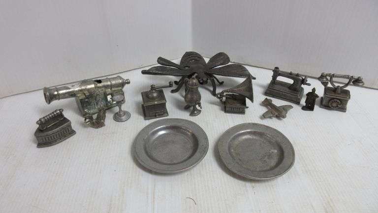 Small pewter and aluminum casting items, include: plane, coffee urn ...