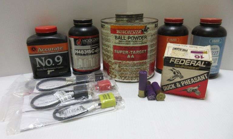 (5) Partial containers of gunpowder, (5) Gun locks, and (8) 16-Gauge ...