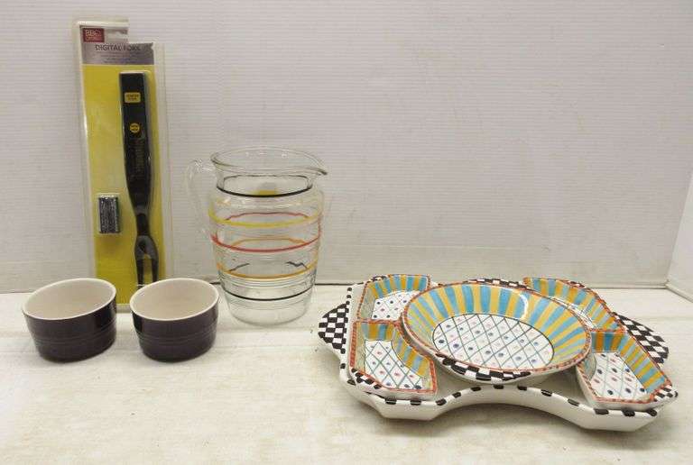 Serving tray with (5) individual dishes, older water pitcher, (2) small ...