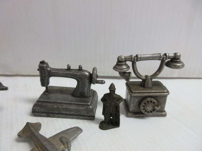 Small pewter and aluminum casting items, include: plane, coffee urn ...