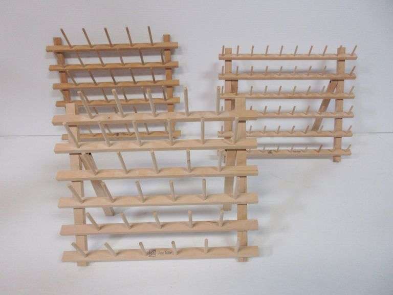 (3) June Tailor wooden thread spool racks, two are standing one is wall ...