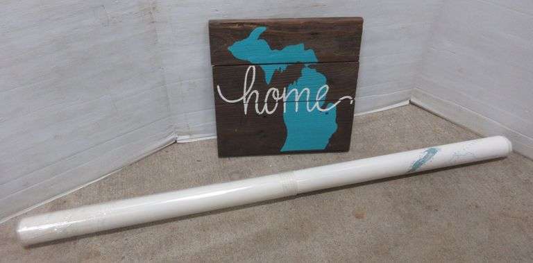 Laminated Michigan map, 40"W x 45"L, and wood Michigan plaque, 12" x 12 ...