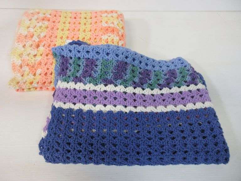 Periwinkle lavender and white afghan throw, 50" x 42"; Yellow and ...