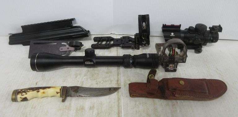 Box of Rifle scopes, knife, and bow sights - Albrecht Auction Service