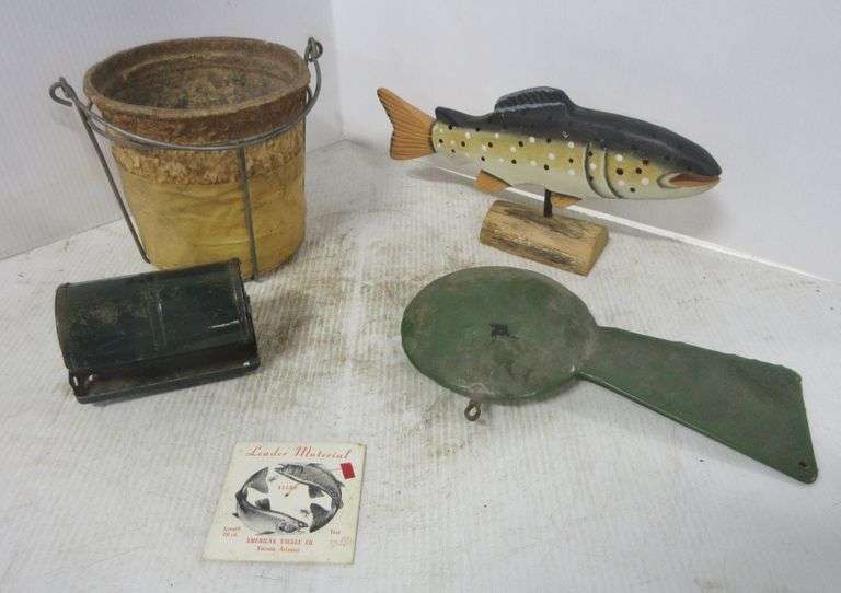 Old bait bucket, cardboard; Tin bait box; Salmon weight fish leader ...