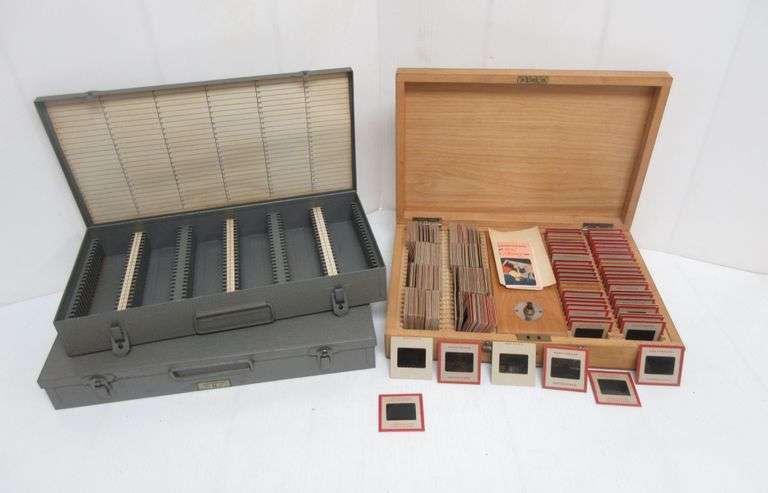 Vintage 35mm slides, includes: GE Wood Slide storage box with viewing ...