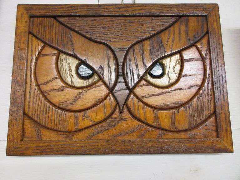 Wooden inlay owl face mosaic, made with various wood species, 12"W x 3/ ...