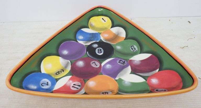 Clay Art, hand painted, pool ball dish, "Rack 'em up," 15"Dia x 2"D, in ...