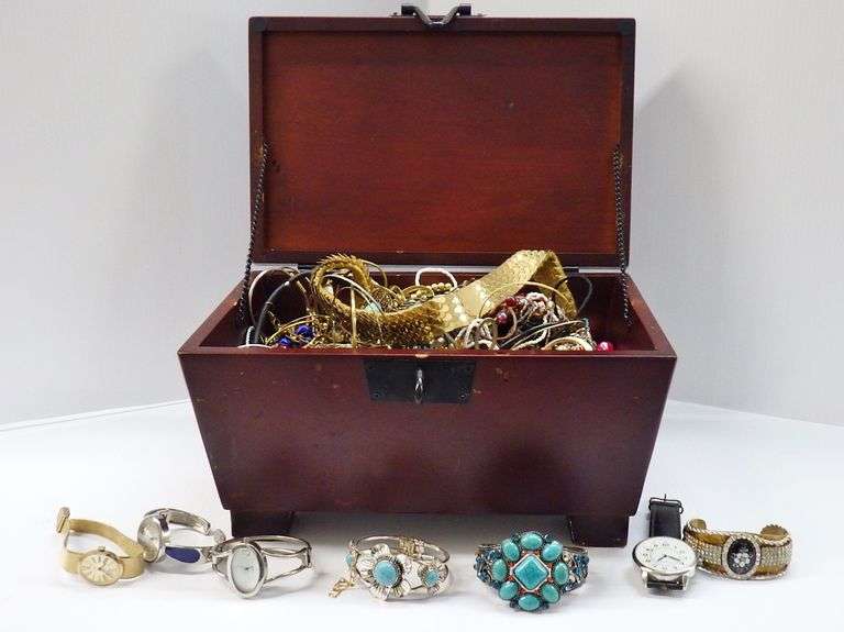 Over 5 lbs. of untested jewelry in a quality wooden box, box- 9" x 13 ...