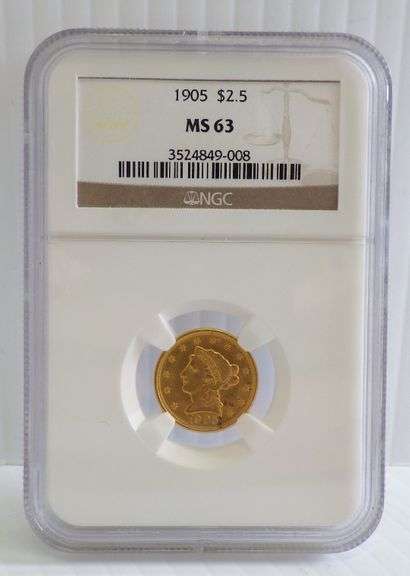 1905 $2.50 gold coin, graded MS63 by NGC, very rare in high grade ...