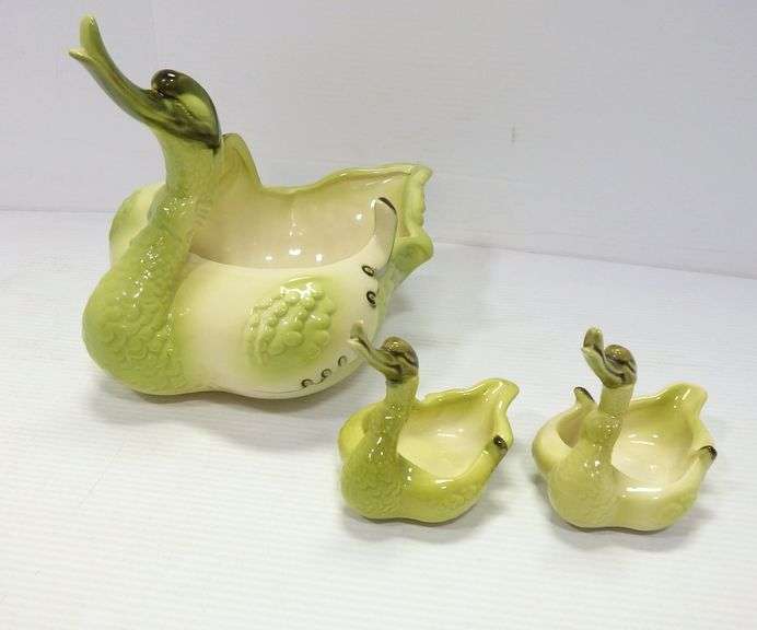 (3) Older Hull Pottery Swans, no. 69, green and white: One- Large, Two ...