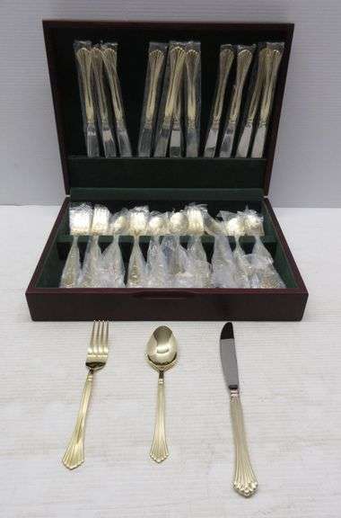 66-piece set of Cambridge gold tone stainless flatware, NIB - Albrecht ...