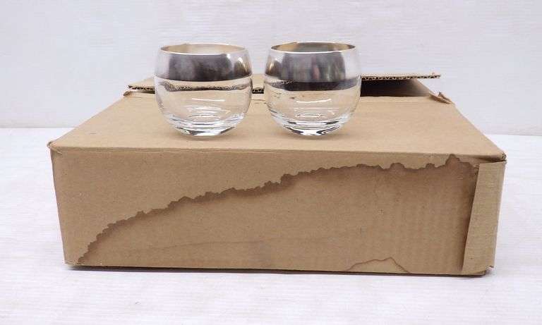 (12) Roly Poly drink glasses, silver rim, NOS, box has damage ...