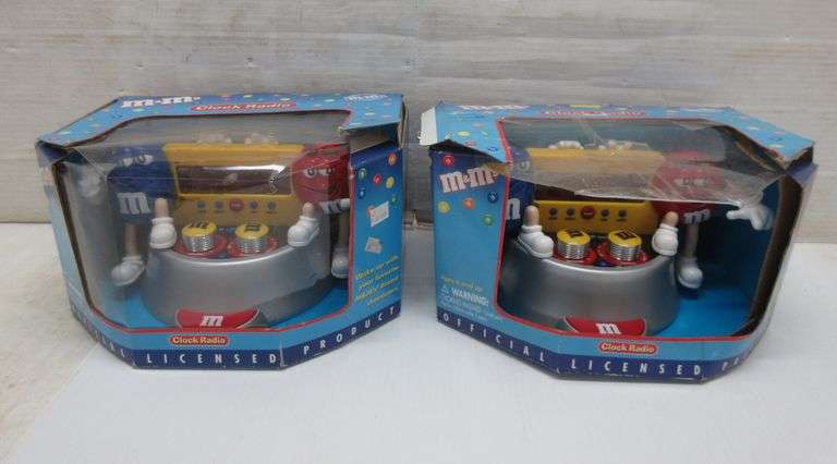 Pair of M&M clock radios with blue and red M&M, boxes- 10"W x 8"D x 6"H ...