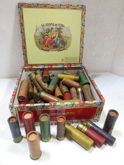 Cigar box full of over (50) rounds of older shotgun shells, various ...