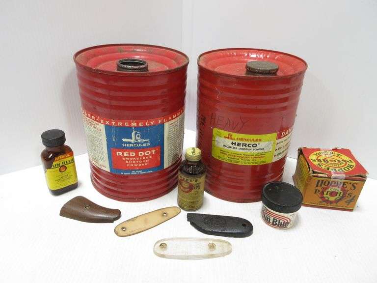 (2) Older metal powder kegs, 1- Hercules Red Dot and Shotgun Powder ...