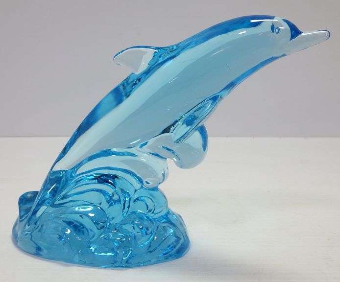 Fenton art blue solid glass dolphin riding a wave figurine, 6"H ...