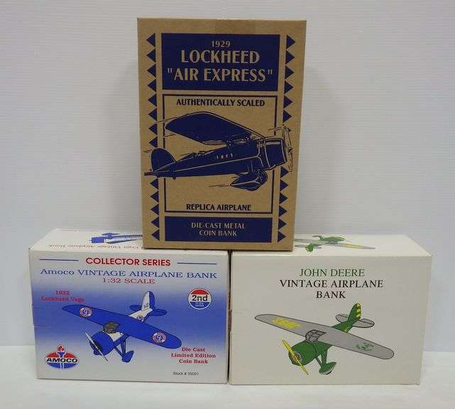(3) Airplane die-cast banks, include: John Deere older airplane bank ...