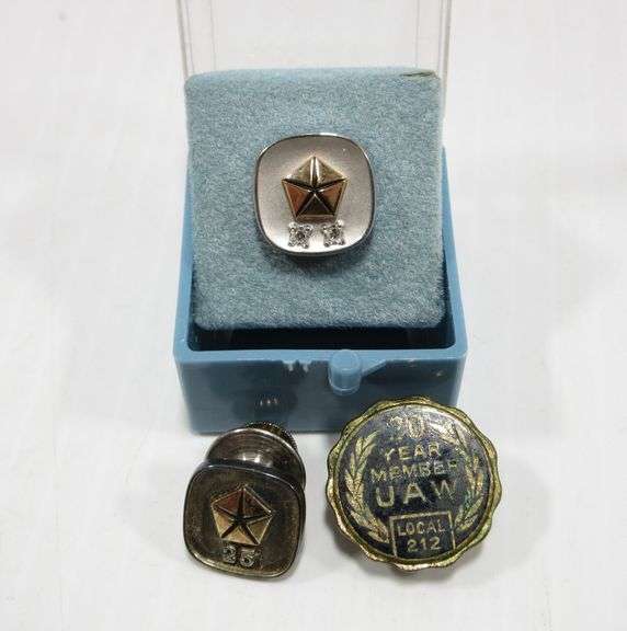 (2) Older Chrysler service award lapel pins tie tacks,and (1) UAW pin ...