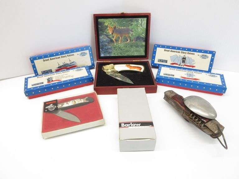 (4) Great American story knives, closed- 4"L; Balow multi-tool, NIB ...