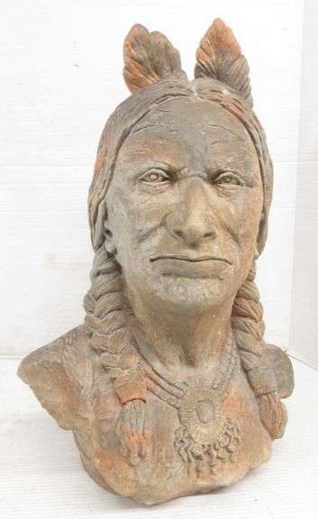 Stone indian chief statue/head, 45 lbs. 19 1/2"H - Albrecht Auction Service