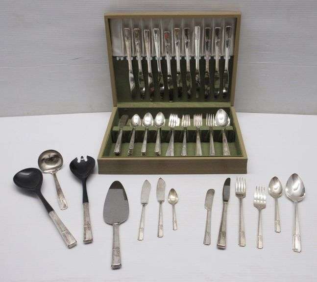 Large set of Prestige plate silverware with serving pieces and box, 14 ...