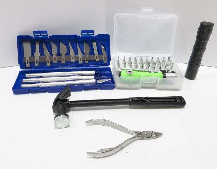 Small tool set, includes: 13-piece exacto knife set, pliers, 32-in-1 ...
