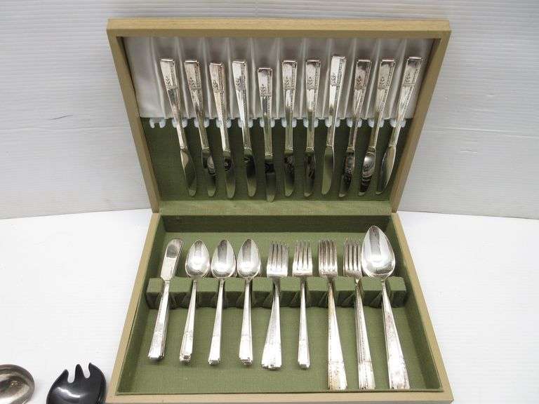 Large set of Prestige plate silverware with serving pieces and box, 14 ...