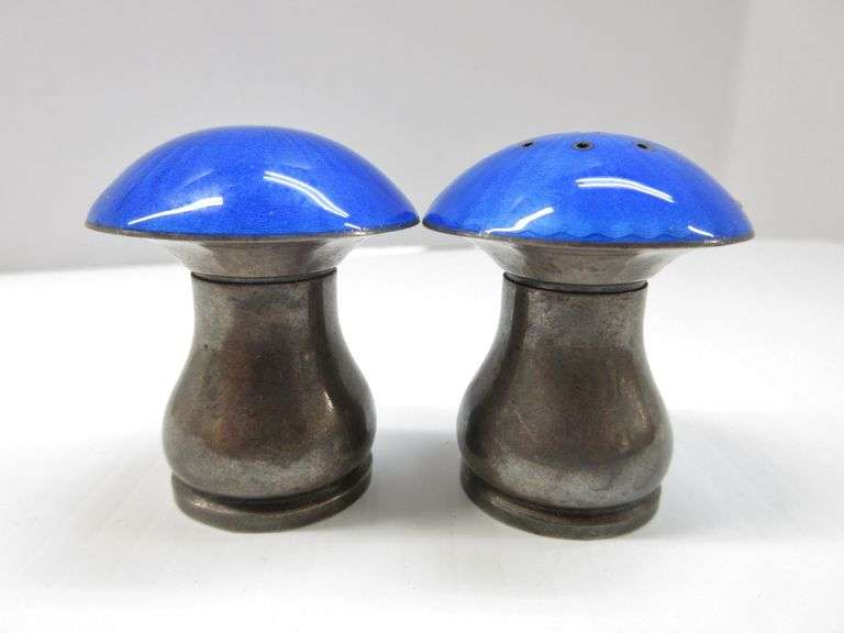 Sterling silver salt and pepper shakers with blue starburst enamel tops ...