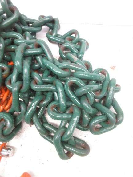 (2) Chains: One with grab hooks on each end, 3/8" x 13'; Green with ...